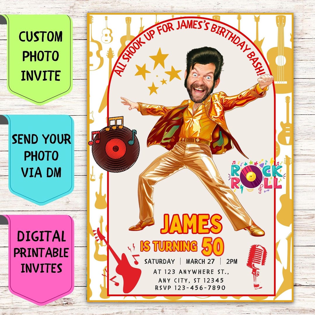 Elvis Birthday Invitation, Custom Face Photo Birthday Invitation ...