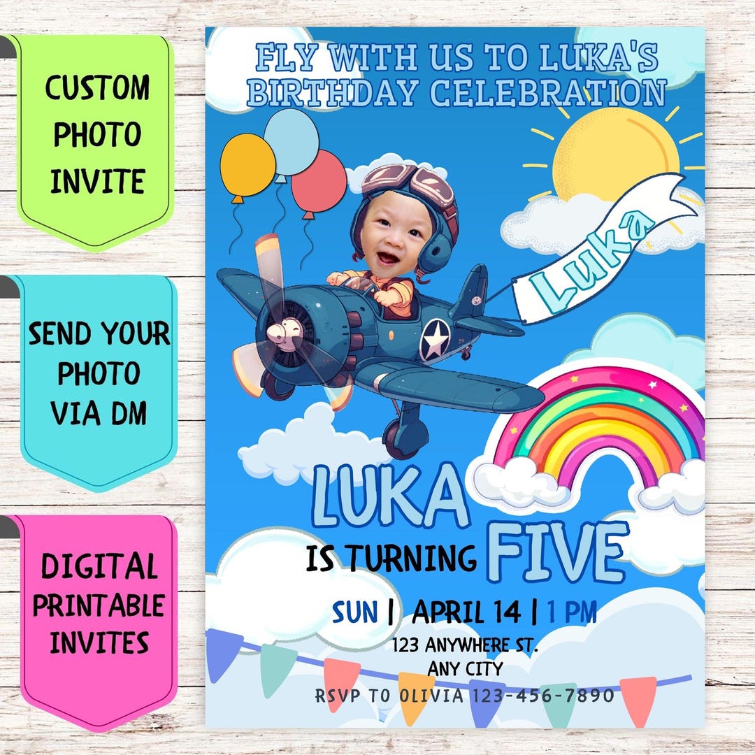Pilot Birthday Invitation, Custom Face Photo Birthday Invitation ...