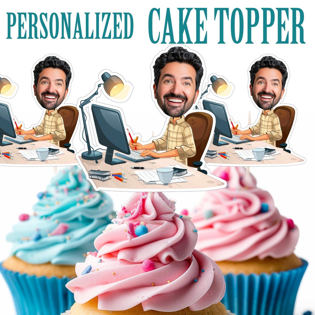 Office Man Cupcake Topper, Personalized Working Guy Face Cupcake Topper ...