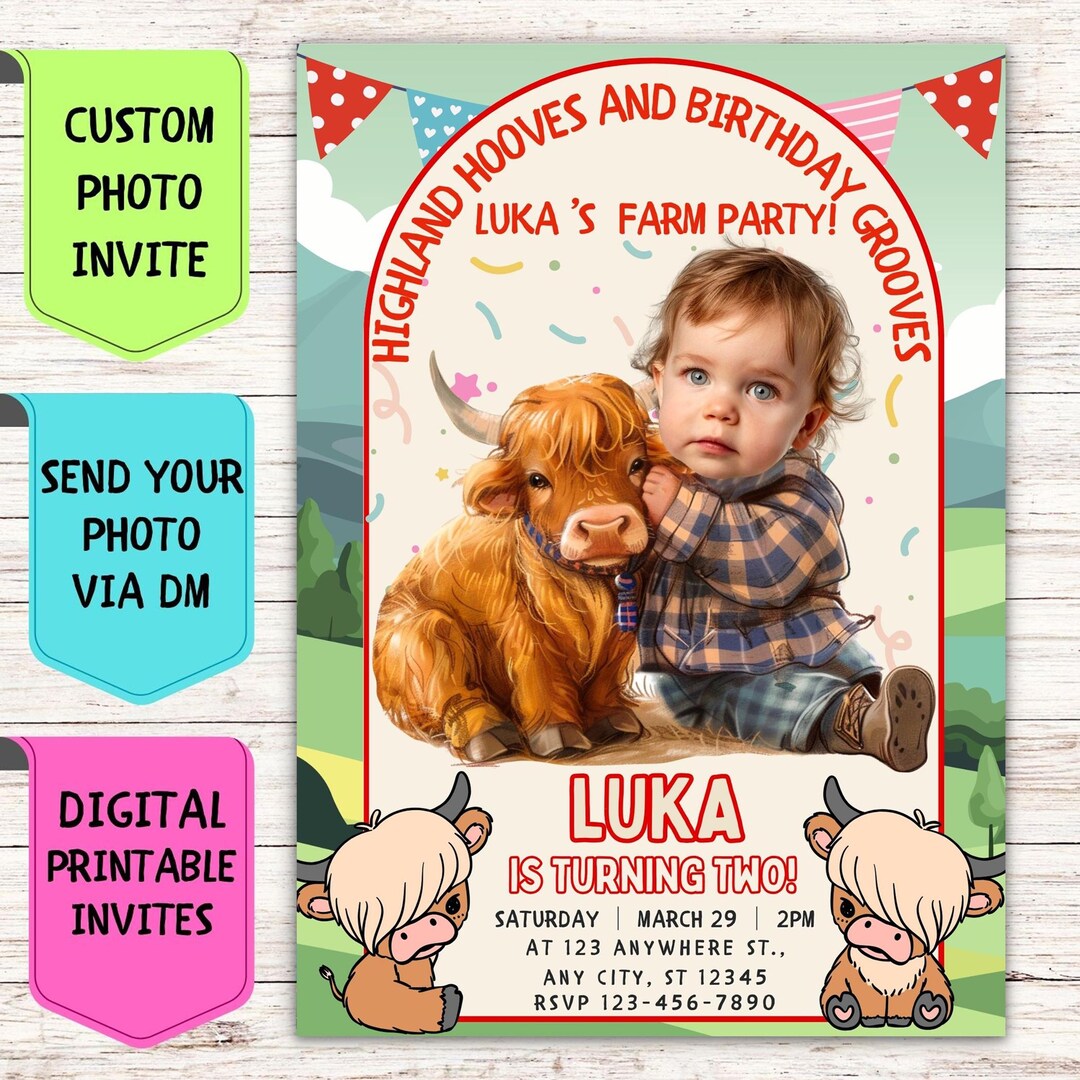 Highland Cow Birthday Invitation: Custom Photo, Farmer Party (digital ...