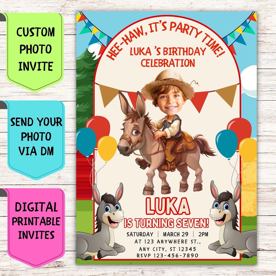 Donkey Birthday Invitation: Custom Photo, Farm Animal Party (digital ...