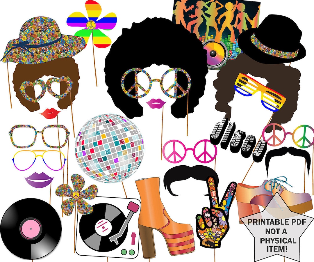 70s Disco Party Photo Booth Props: Hippie Theme (printable PDF) - Etsy
