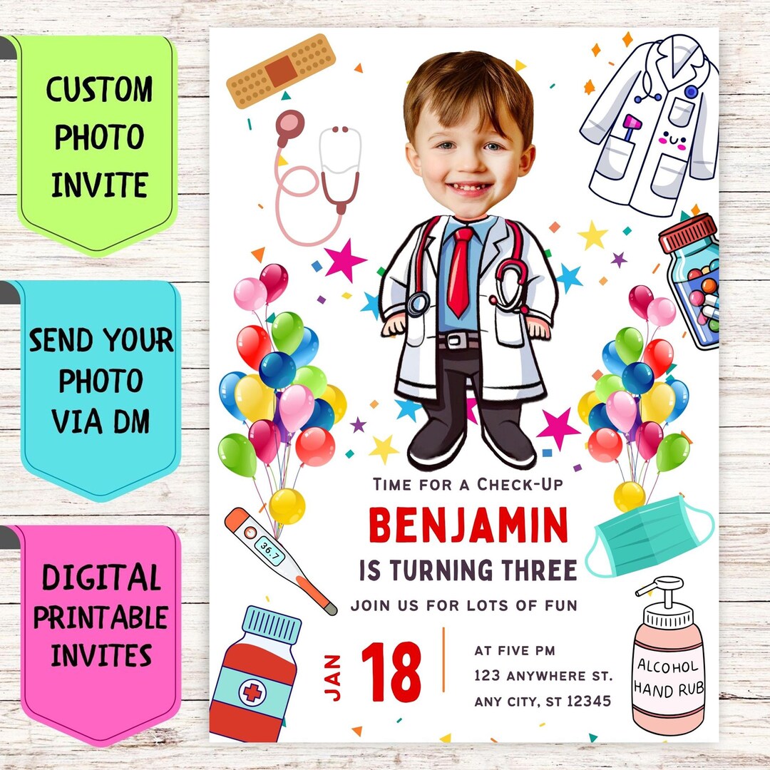 Doctor Birthday Invitation, Custom Face Photo Birthday Invitation ...