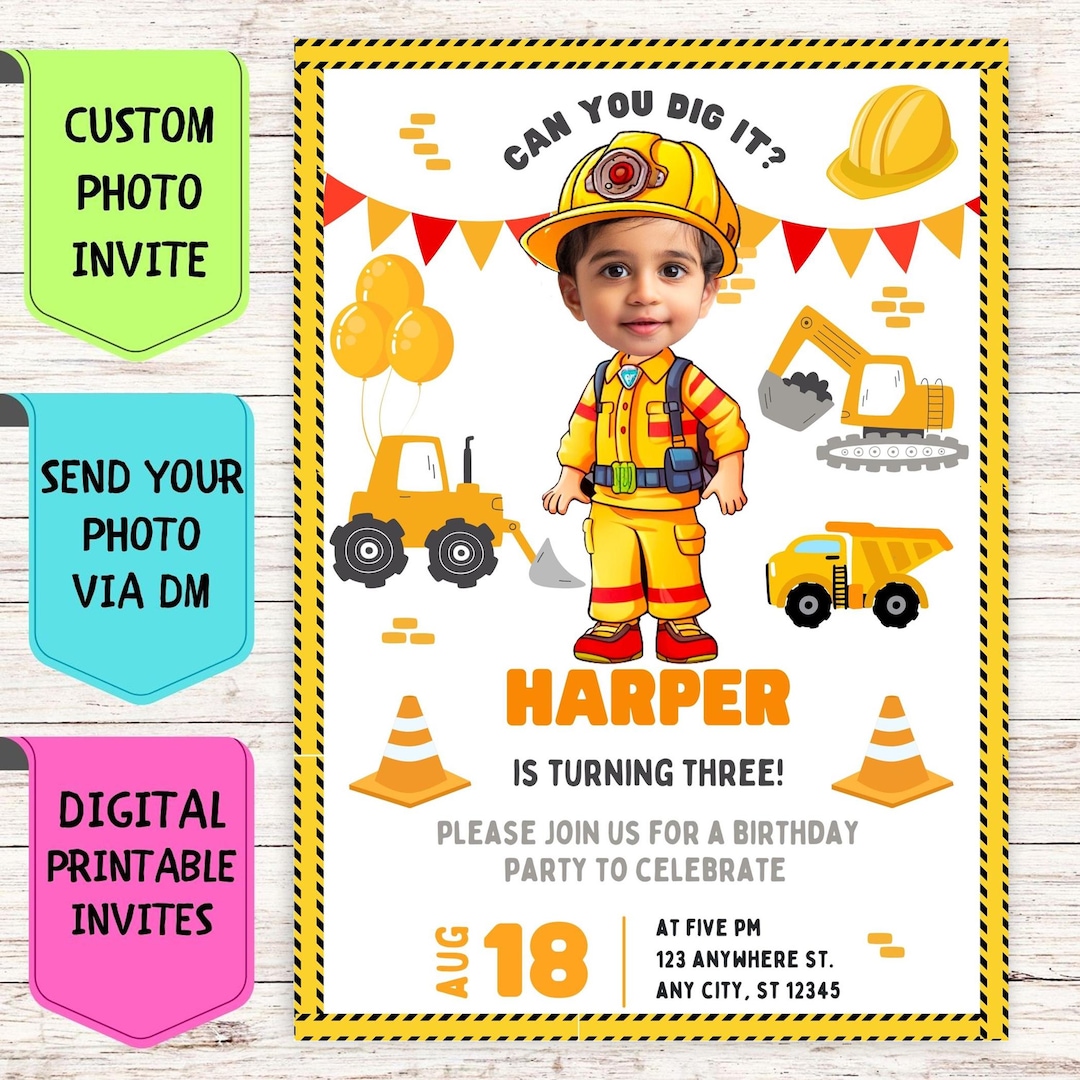 Construction Worker Birthday Invitation, Custom Face Photo Birthday ...
