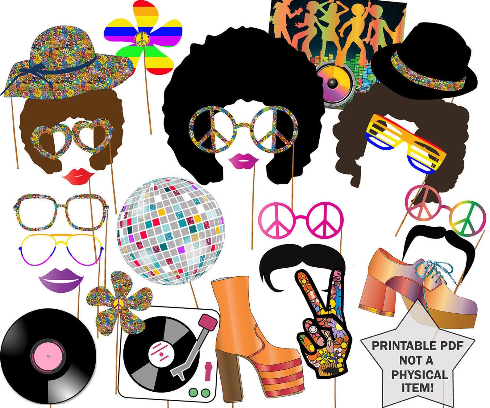 70er Jahre Disco Party Photo Booth Requisiten: Hippie-Thema (Digitaler ...