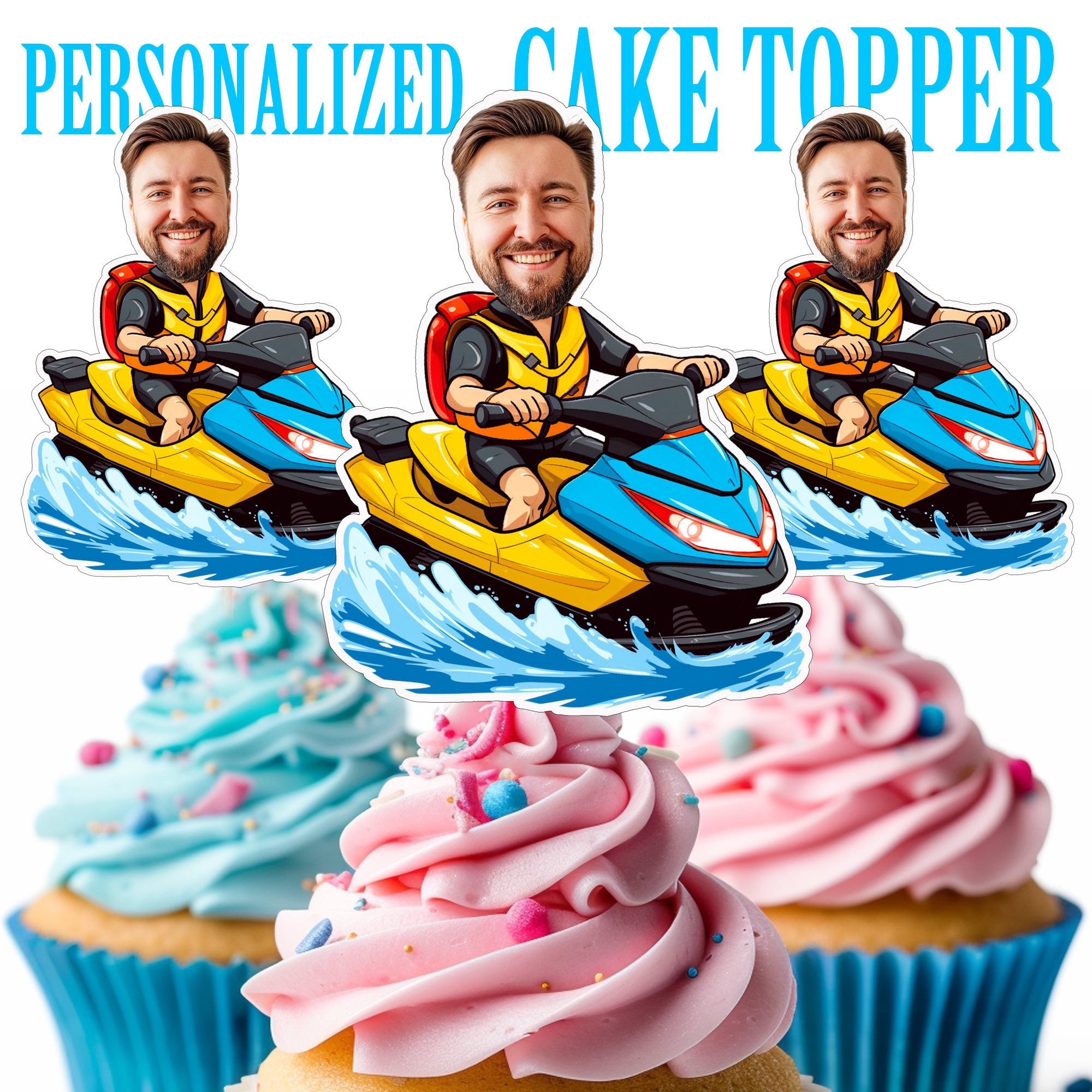 Jet Ski Driver Cake Topper, Personalized Jet Ski Face Cupcake Topper ...