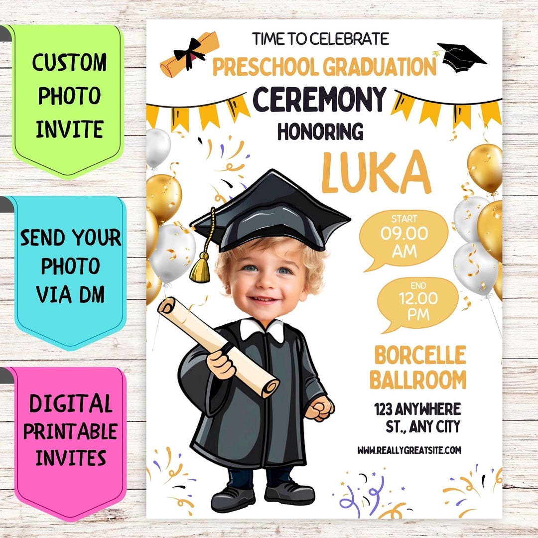 Preschool Graduation Invitation, Custom Face Photo Invitation, Digital ...