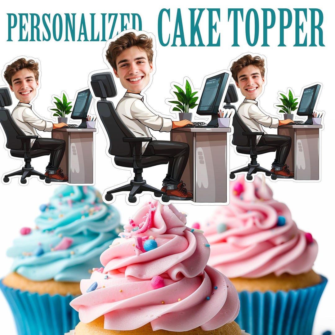 Office Man Cupcake Topper, Personalized Working Guy Face Cupcake Topper ...