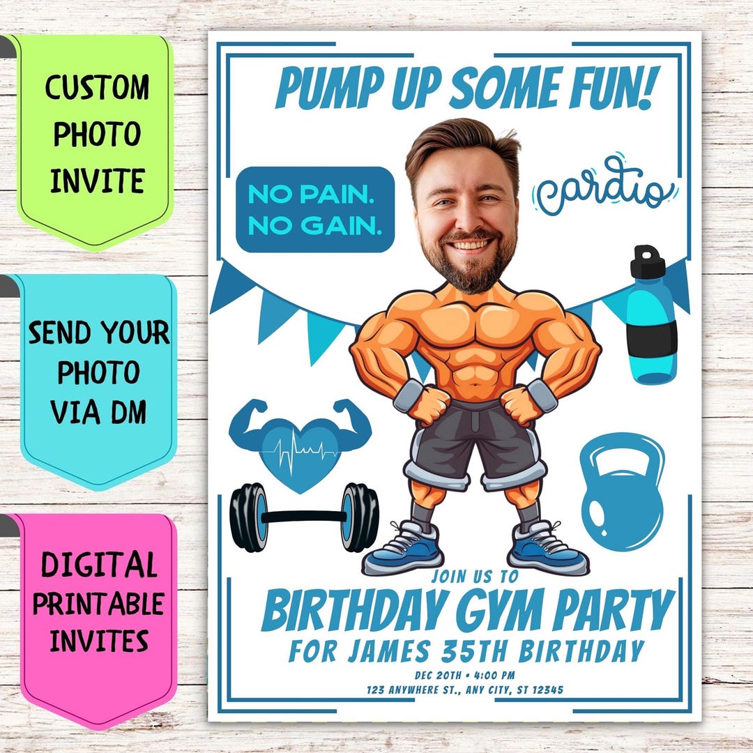 Muscle Man Birthday Invitation, Custom Face Photo Birthday Invitation ...