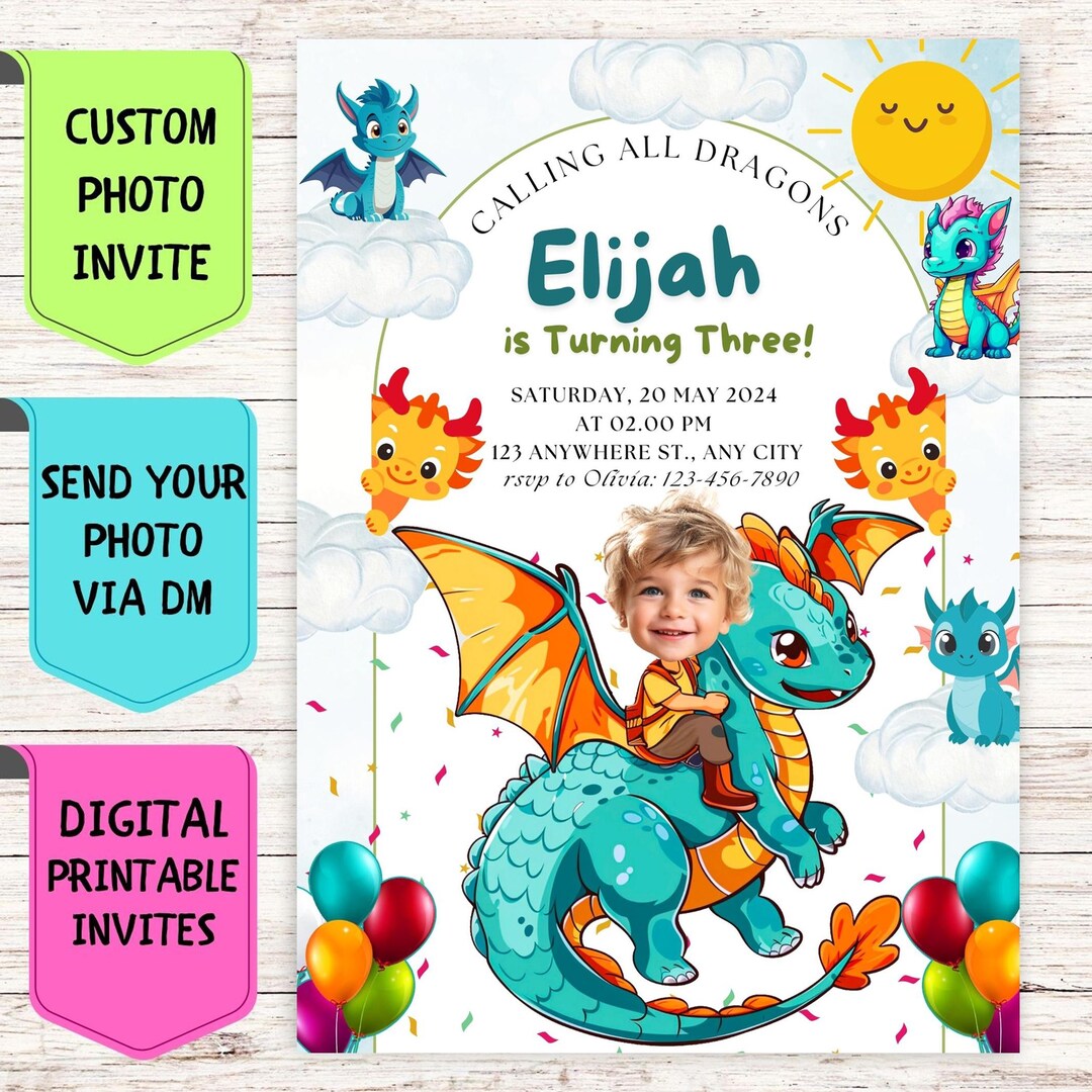 Dragon Birthday Invitation, Custom Face Photo Birthday Invitation ...