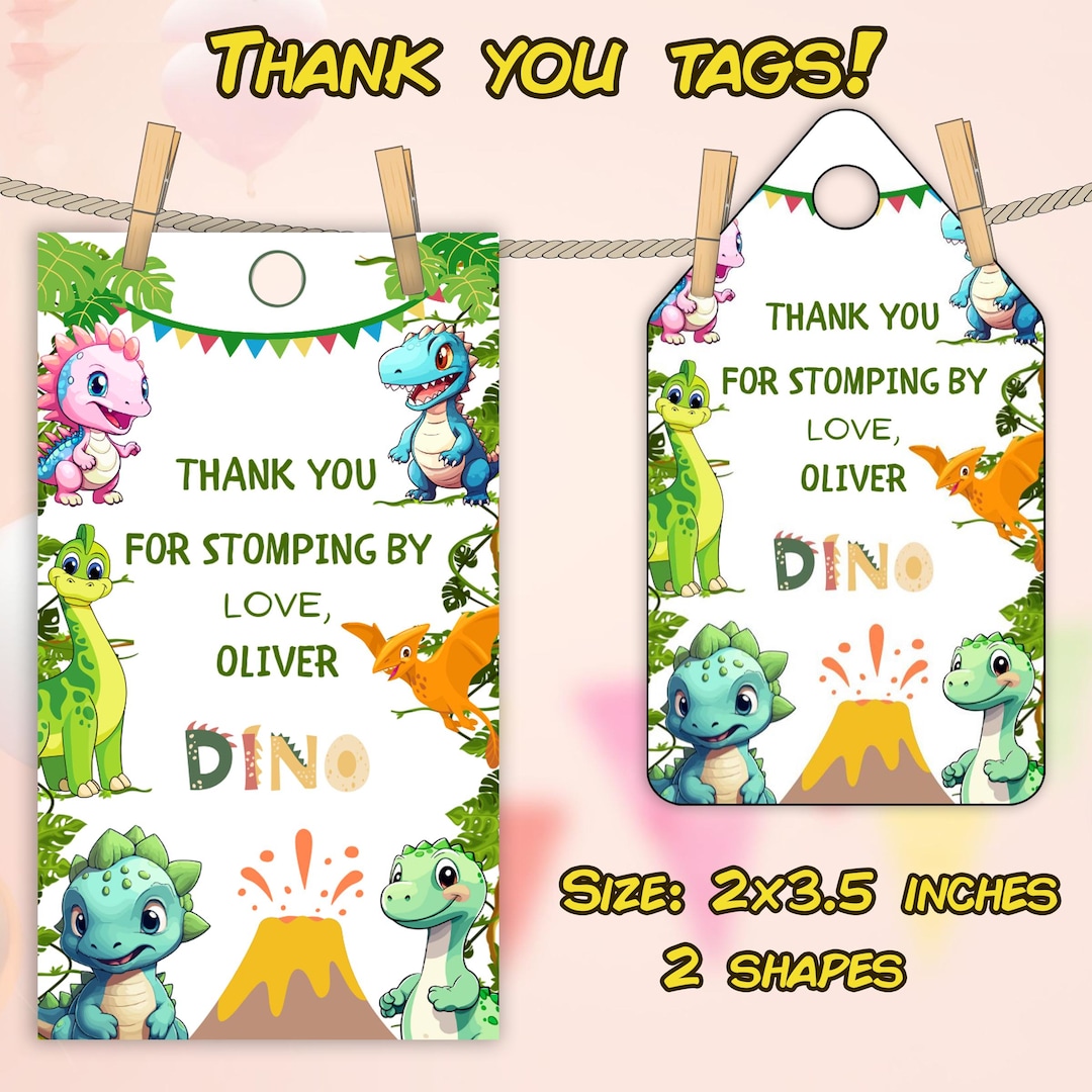 Dinosaur Birthday Thank You Tag, Kids Birthday Favor Tag Printable ...