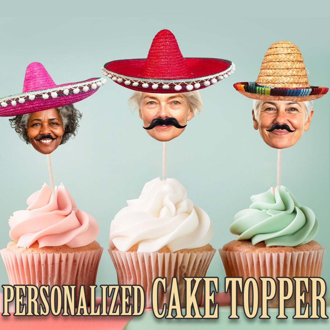 Personalized Sombrero Face Cupcake Toppers: Fiesta Party Decor (digital ...