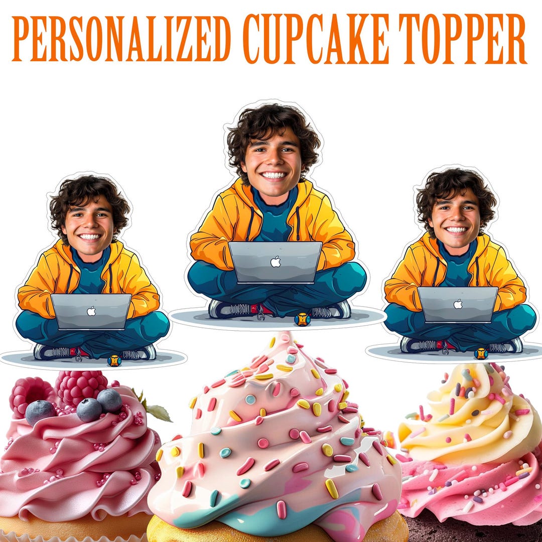 Freelancer Cupcake Topper, Personalized Laptop Boy Face Cupcake Topper ...