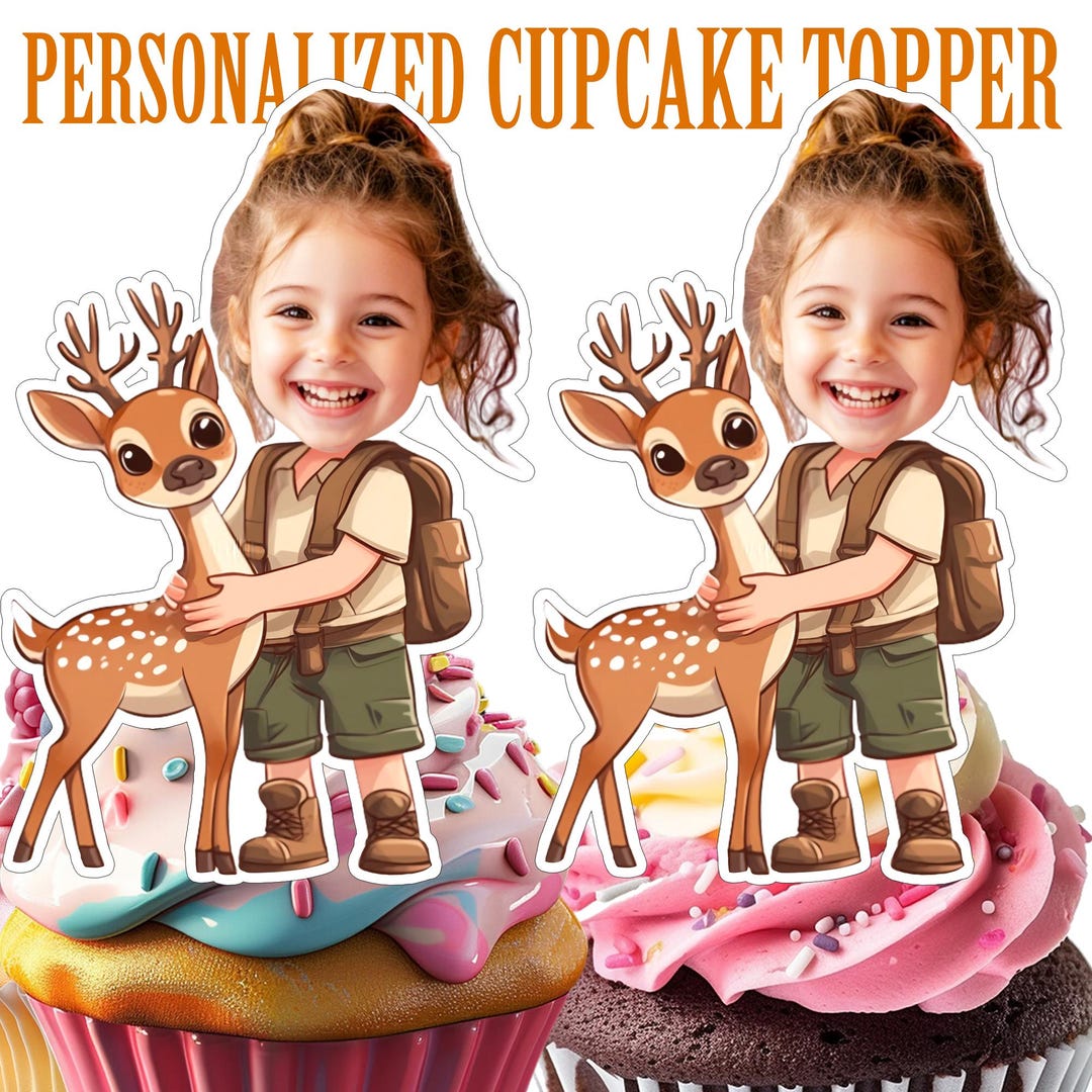 Personalized Girl and Fawn Cupcake Topper, Safari Party Decor (digital ...