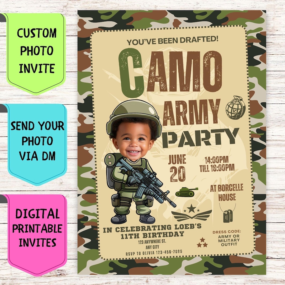 Soldier Birthday Invitation, Custom Face Photo Birthday Invitation ...