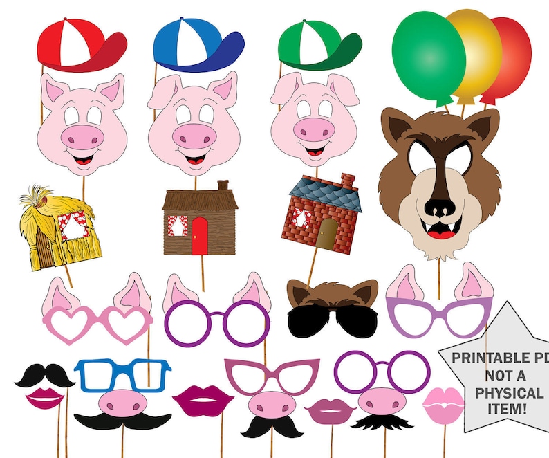 Three Little Pigs Photo Booth Props: Kids Birthday Party (digital ...