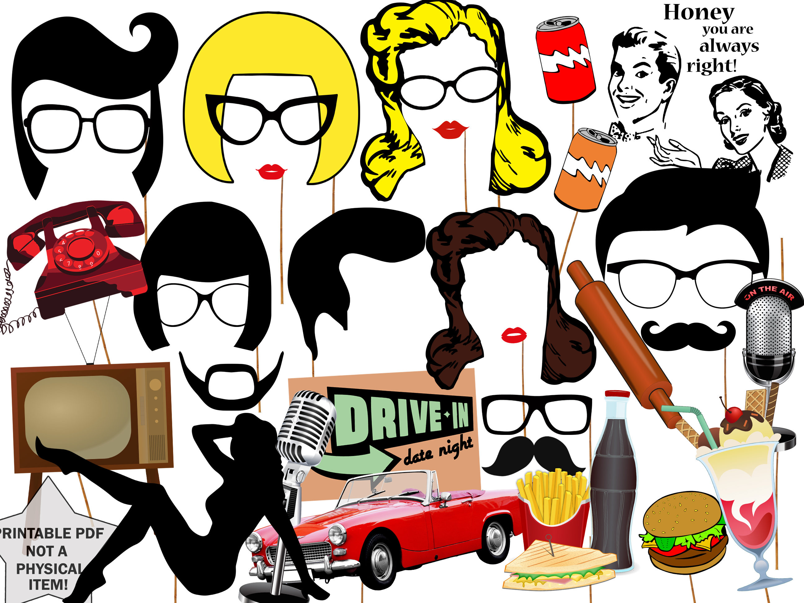 50s Party Photo Booth Props: Retro Rock N Roll (printable) - Etsy