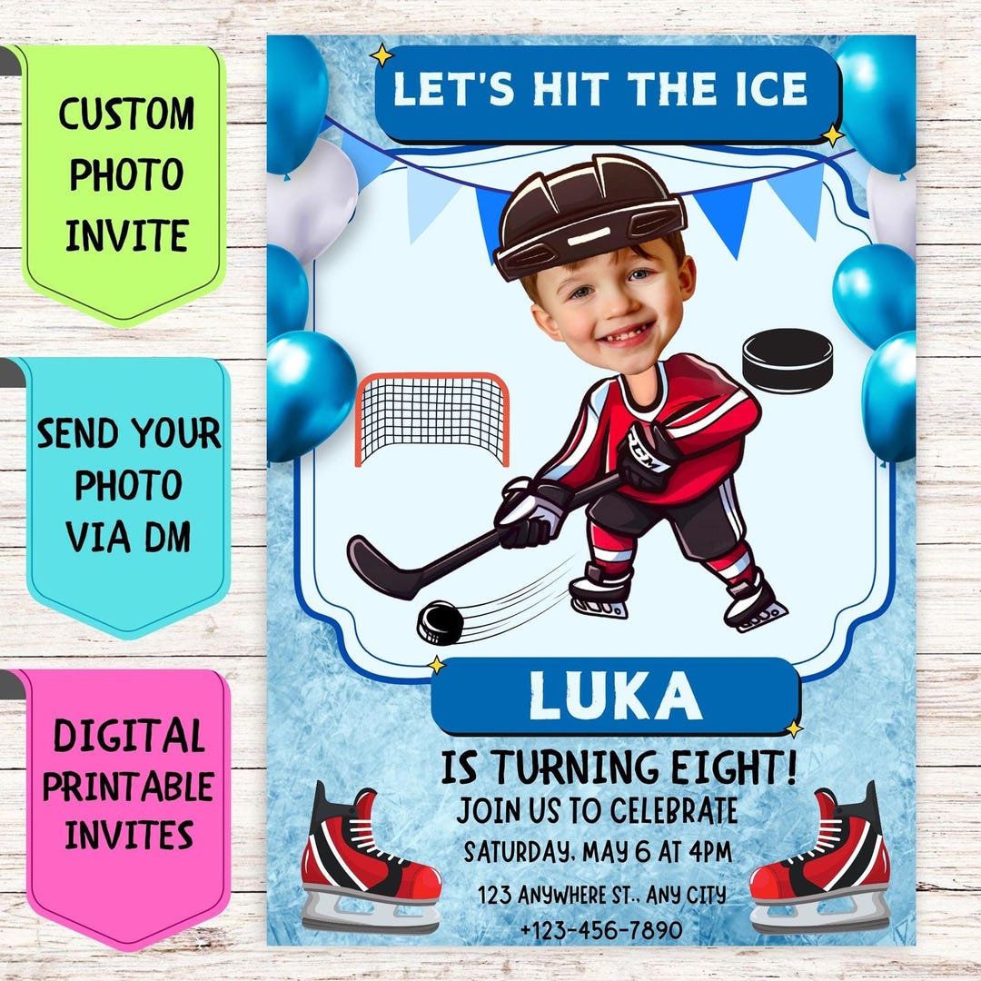 Hockey Birthday Invitation, Custom Face Photo Birthday Invitation ...