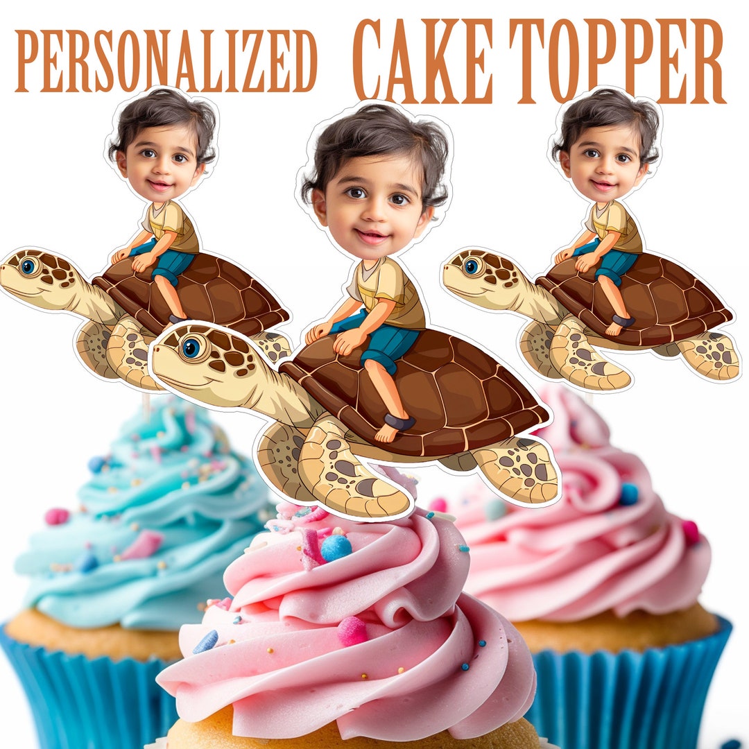 Boy Riding Turtle Cupcake Topper, Personalized Marine Cupcake Topper ...