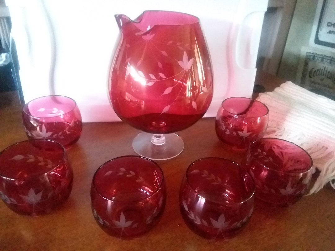 Carafe/pitcher W/6 Matching Roly Poly Glasses - Footed Etched Cranberry ...