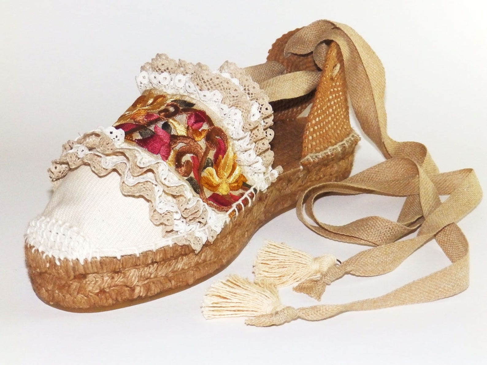 Platform Beige Espadrilles With Embroidered Flowers and Lace - Etsy