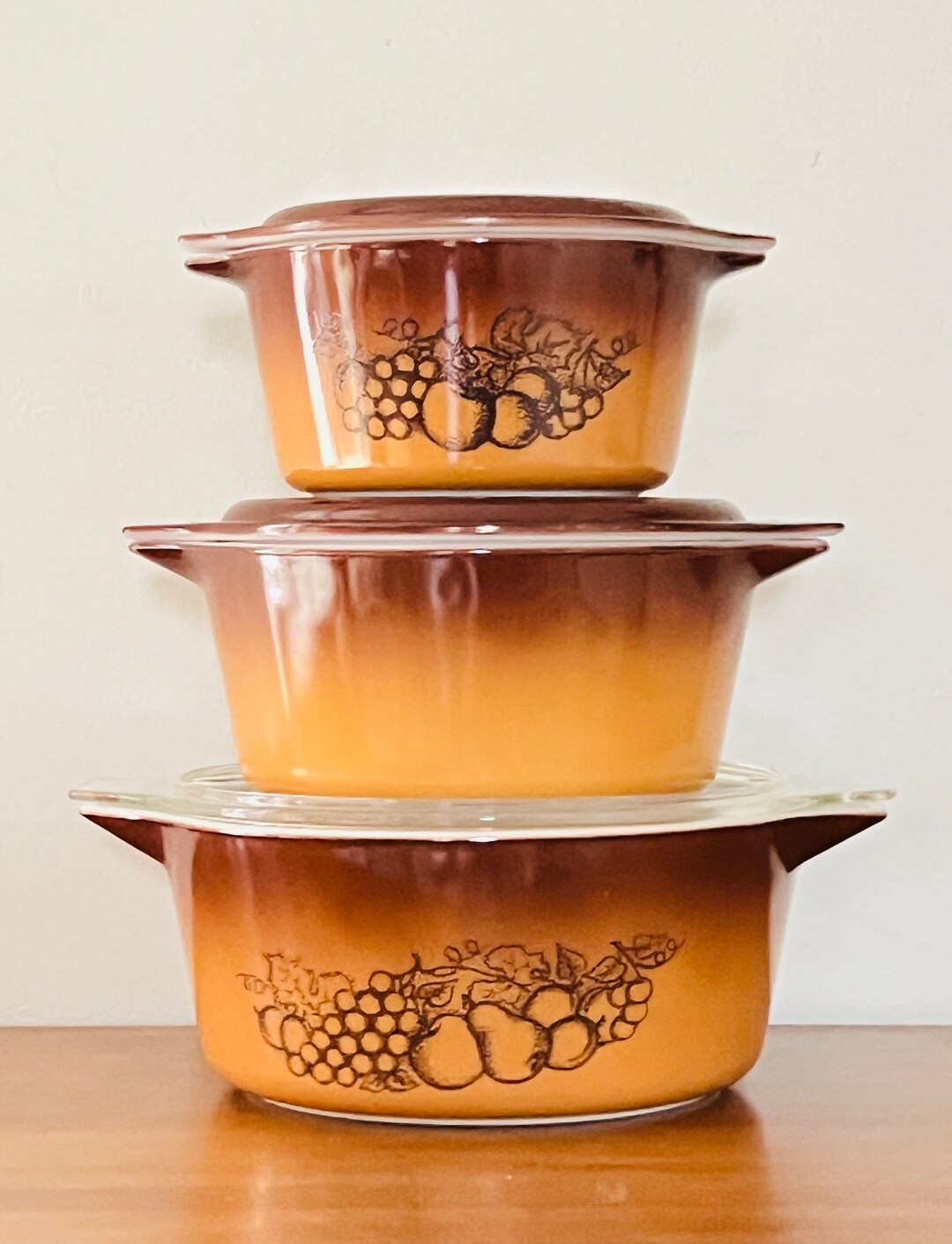 Vintage Pyrex OLD ORCHARD Casseroles With Lids 473 474 & 475 Brown and Gold Fruit Pattern - Etsy