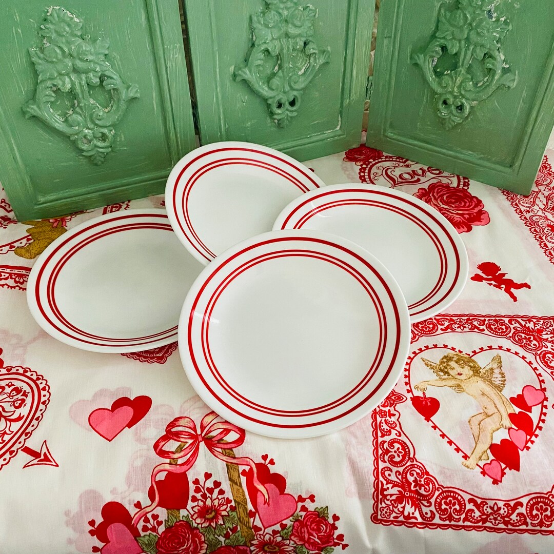 Vintage Set of 4 White & Red Corelle Salad Plates - Etsy