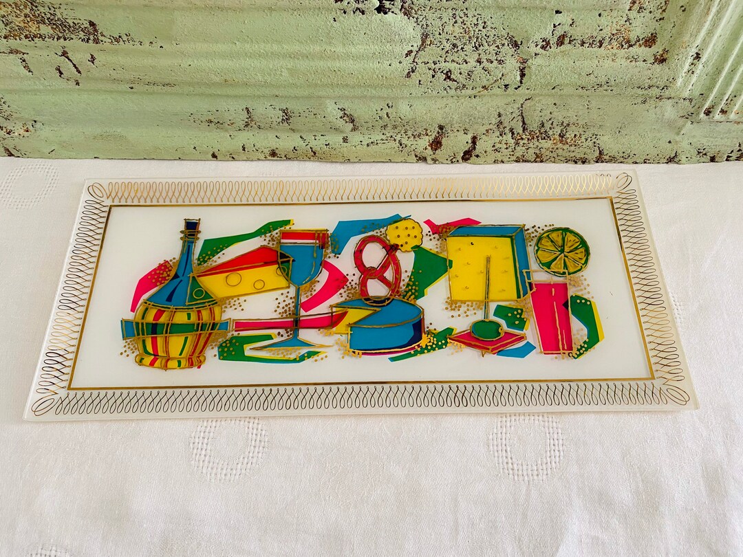 Mid Century Glass Rectangular Serving Plate Golden Celeste - Etsy