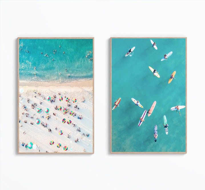 Set of 2 Coastal Beach Prints, Surf Print, Surf Wall Art, Aerial Wall ...