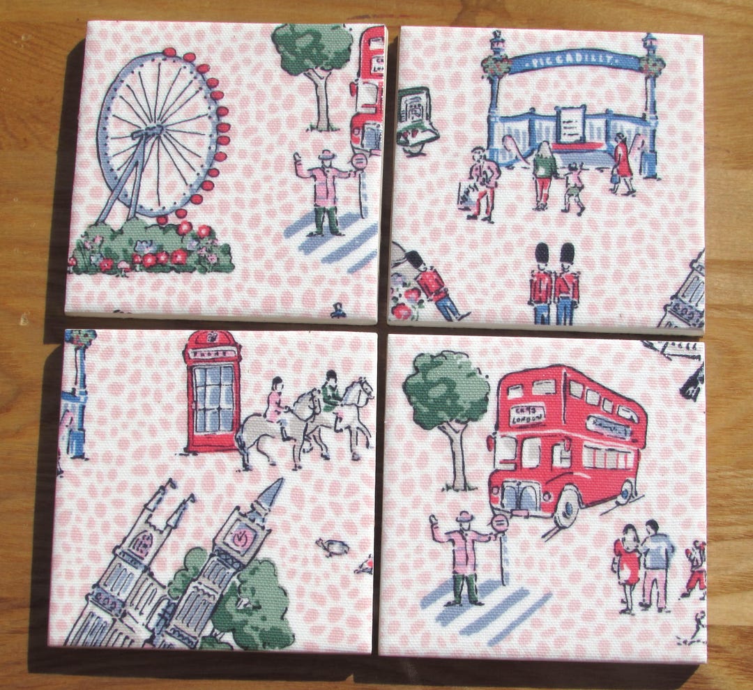 CATH KIDSTON 'london Town Pink Spot' Set of 4 Ceramic Coasters Cotton ...