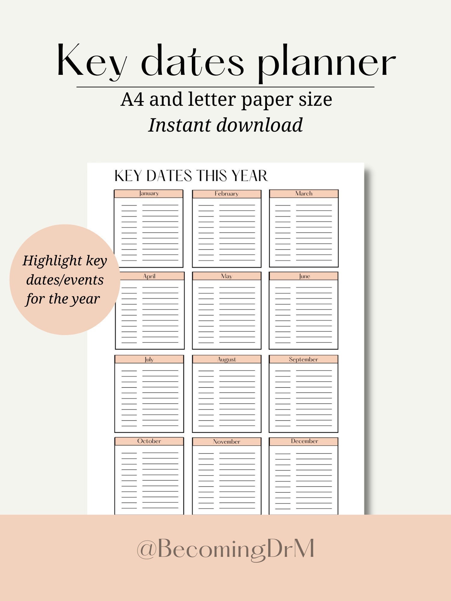 Key Dates Planner | Yearly Planner | Year at a Glance | Yearly ...