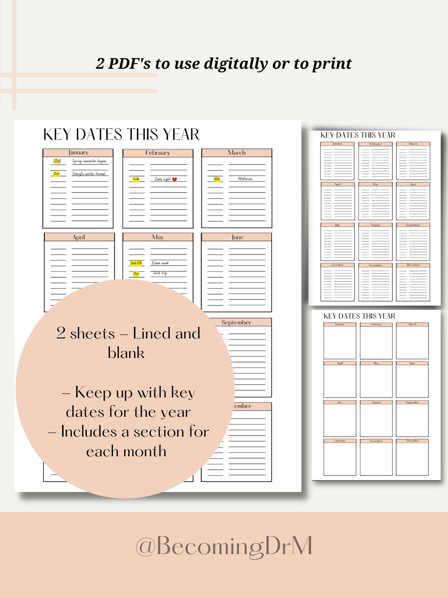 Key Dates Planner | Yearly Planner | Year at a Glance | Yearly ...