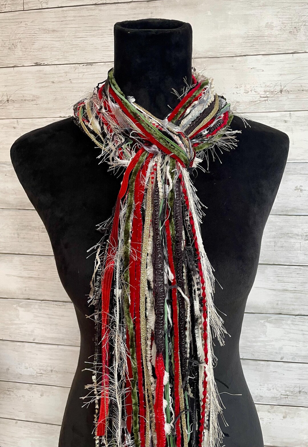 Scarf Featuring Shades of Red, Green, Gold, White and Black in a Boho ...