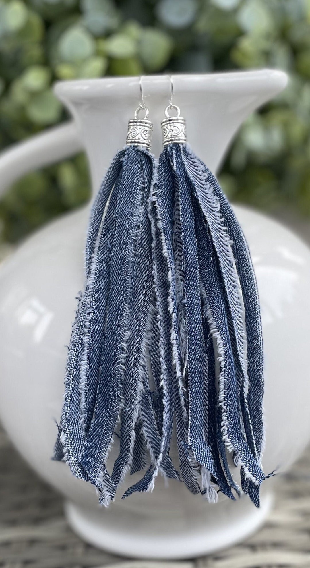 Denim Fringe Earrings Long Tassel Denim Earrings. Blue Jean Earrings ...