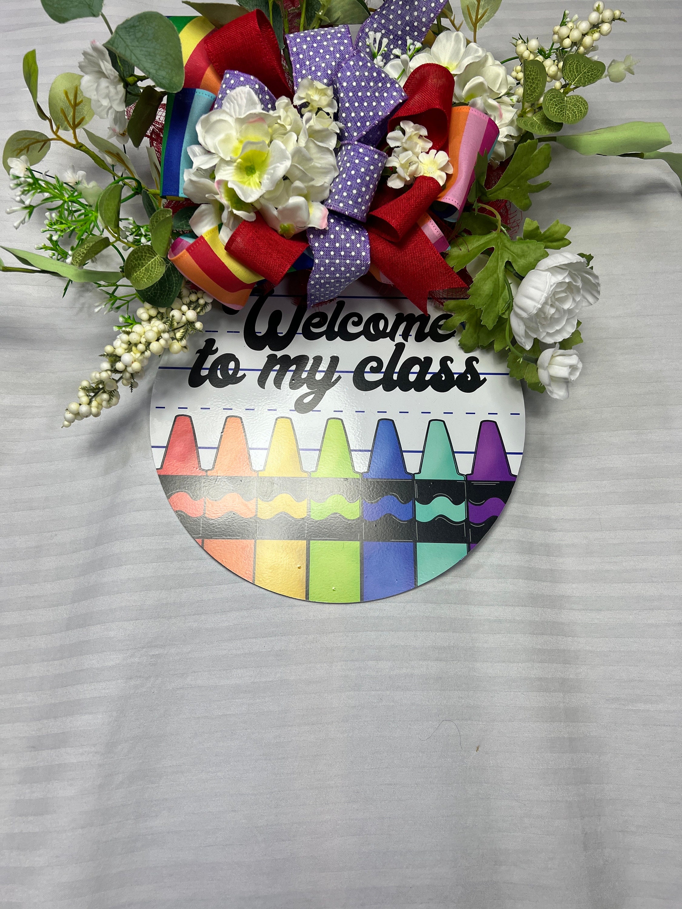 Crayon Classroom Door Hanger: Teacher Welcome Sign With Floral Accents ...