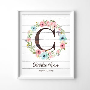 Floral Initial Print, Boho Nursery Decor Girl, Rustic Farmhouse Wreath ...