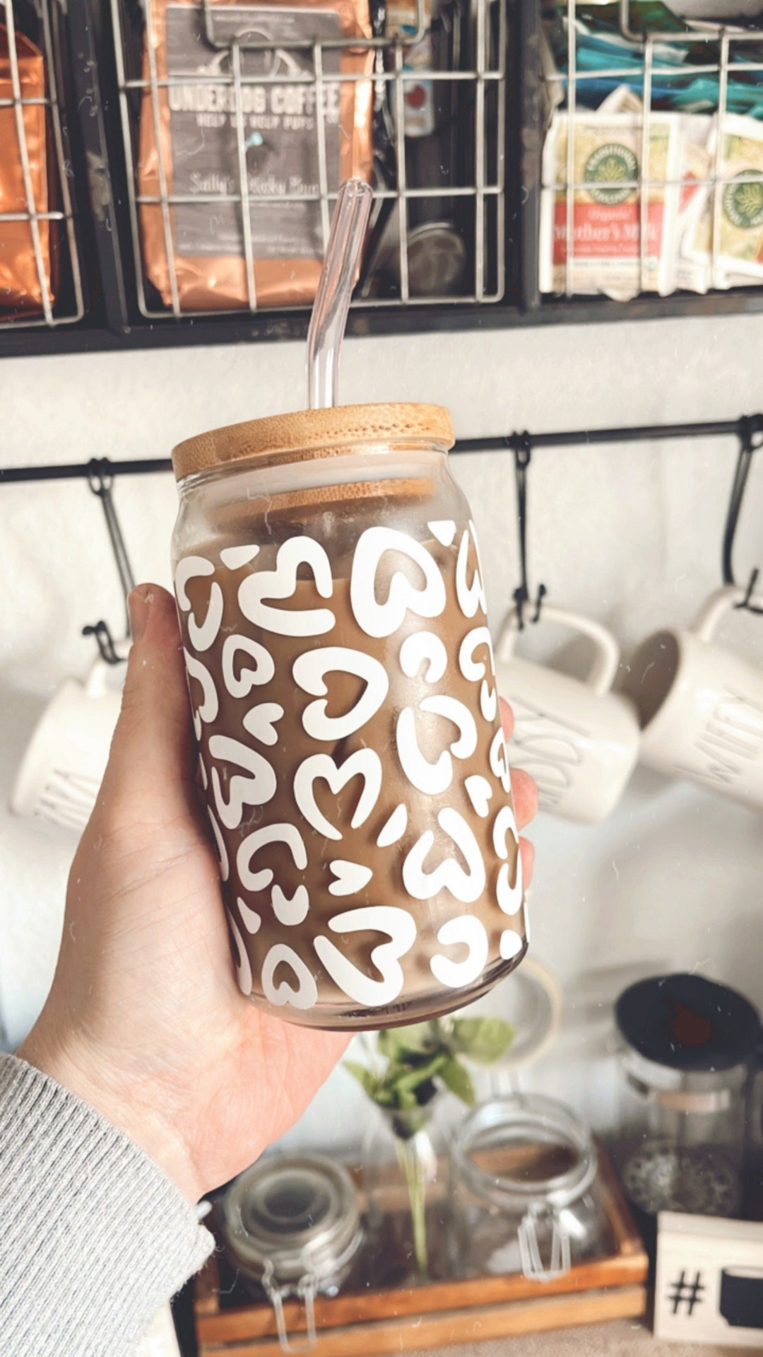 Iced Coffee Glass, Leopard Heart Animal Print, Coffee Tumbler, Beer Can ...