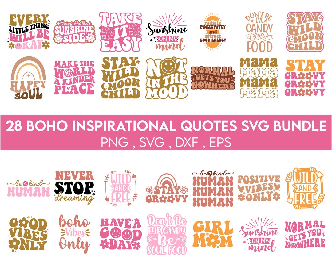Boho Inspirational Quotes Svg Png Bundle, Boho Stickers Svg, Retro ...