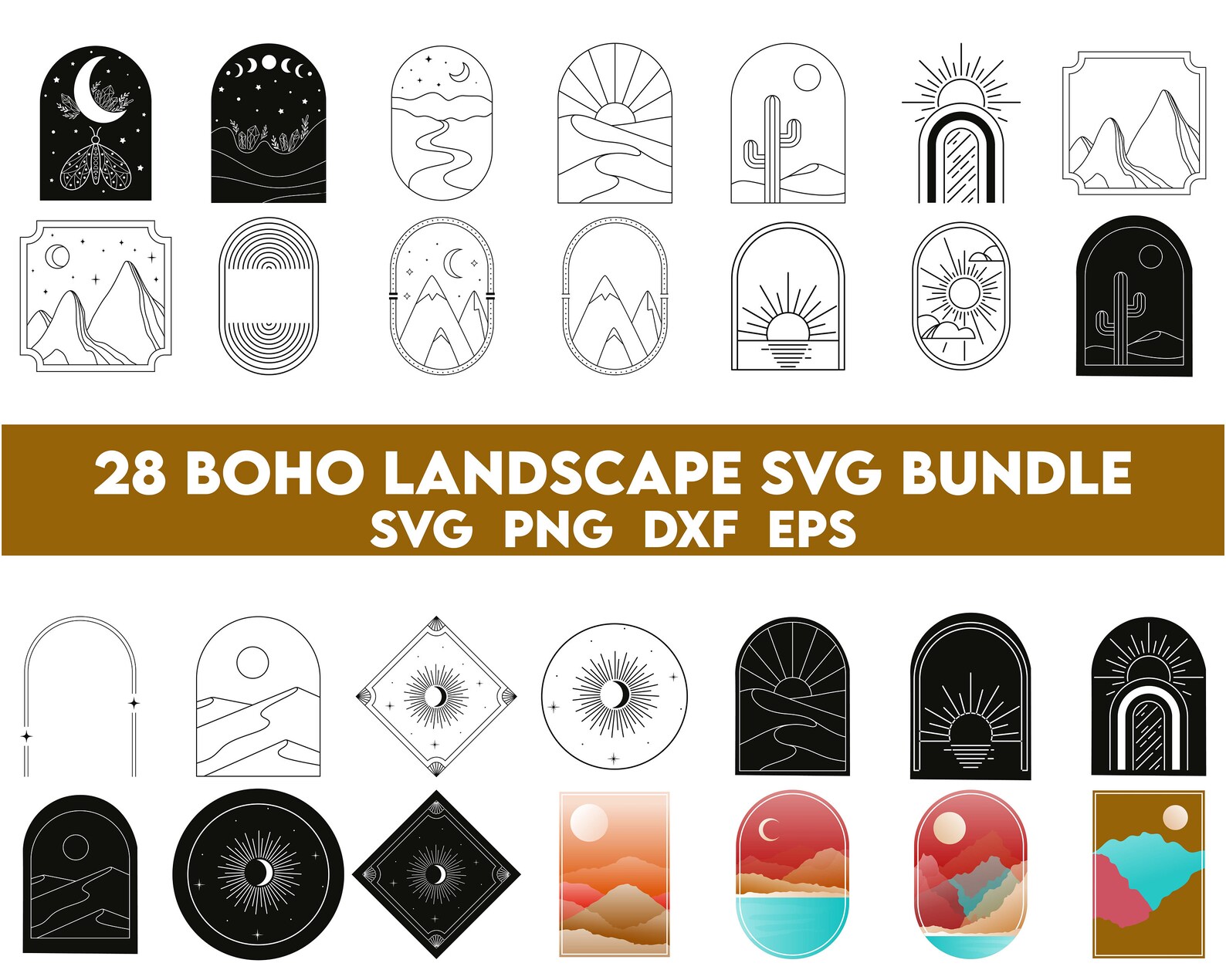 Boho Landscape Svg Bundle, Mountain Svg, Geometric Mountain Svg, Flower ...