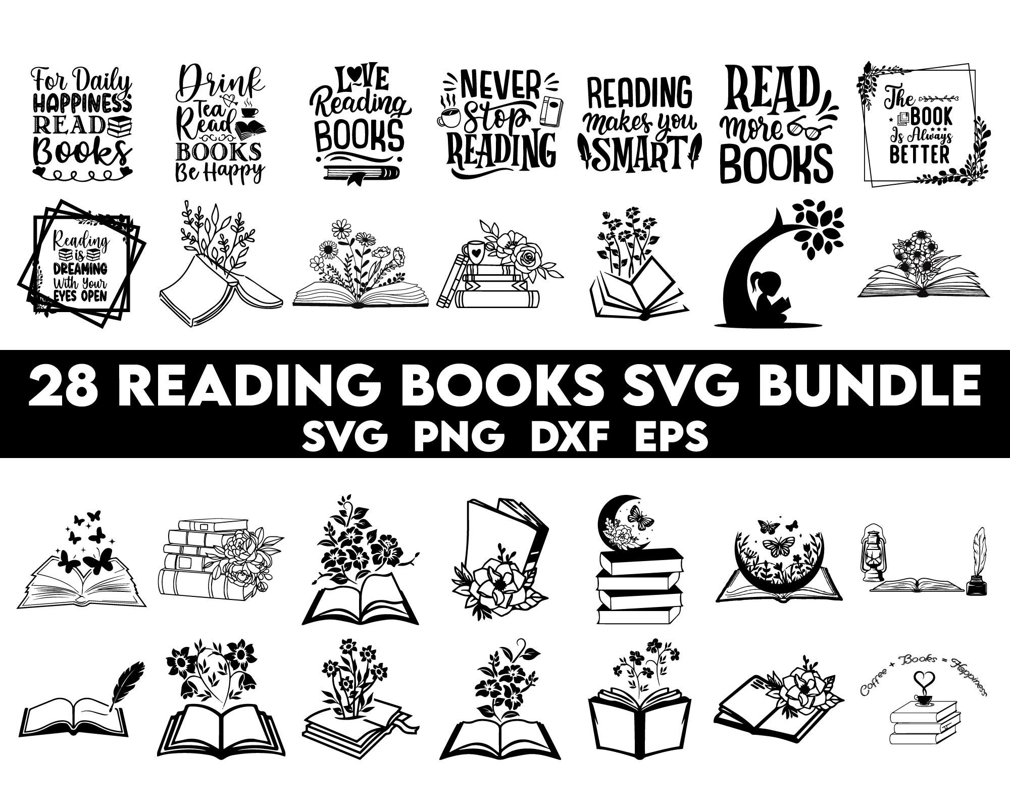 Reading Book Svg Bundle, Book Lover Svg, Book Svg, Library Svg, Book ...