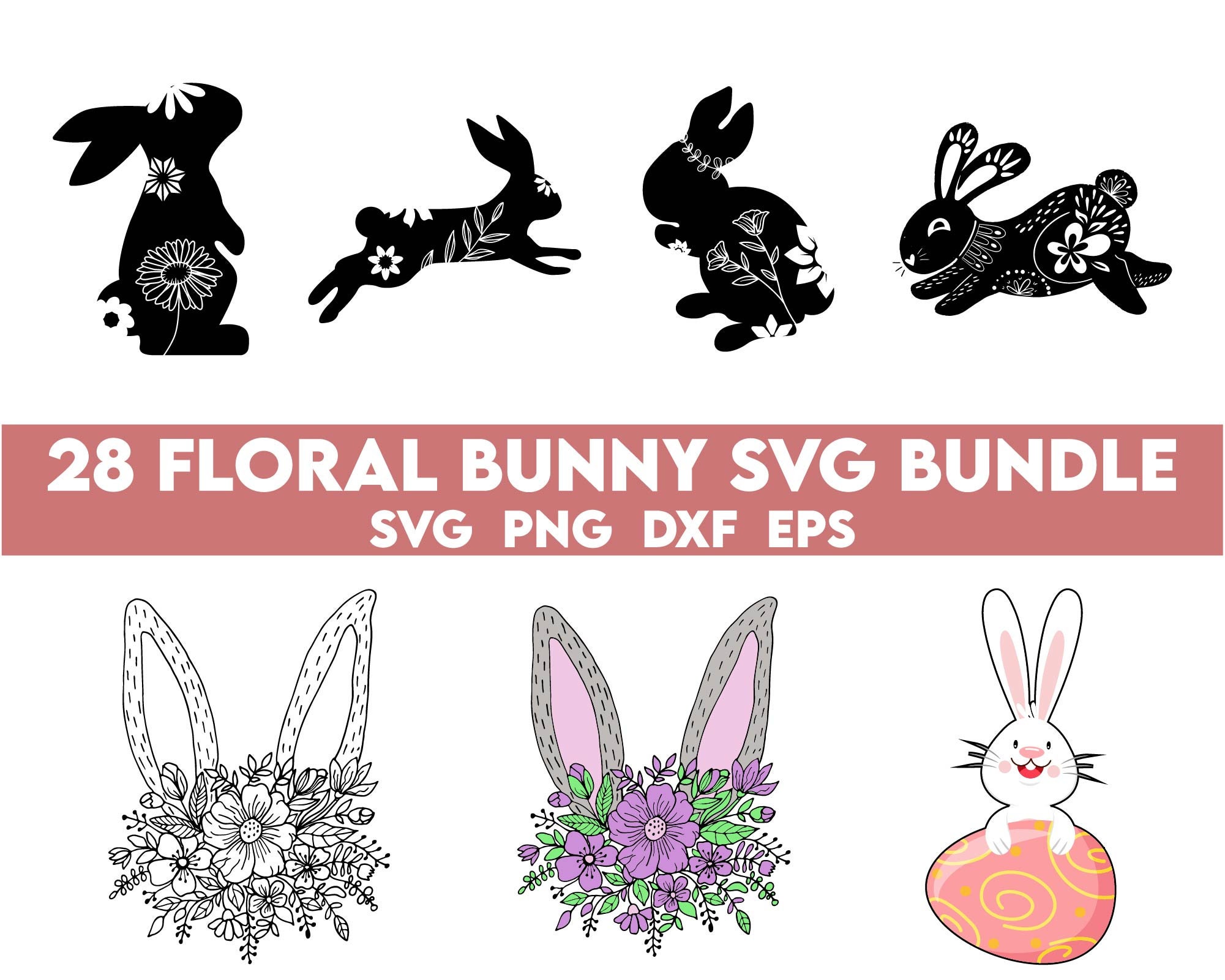 Floral Bunny SVG Bundle Happy Easter Svg Bunny Face Svg - Etsy