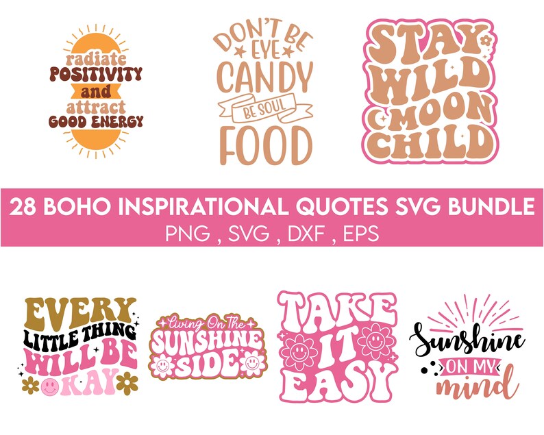 Boho Inspirational Quotes Svg Png Bundle, Boho Stickers Svg, Retro ...