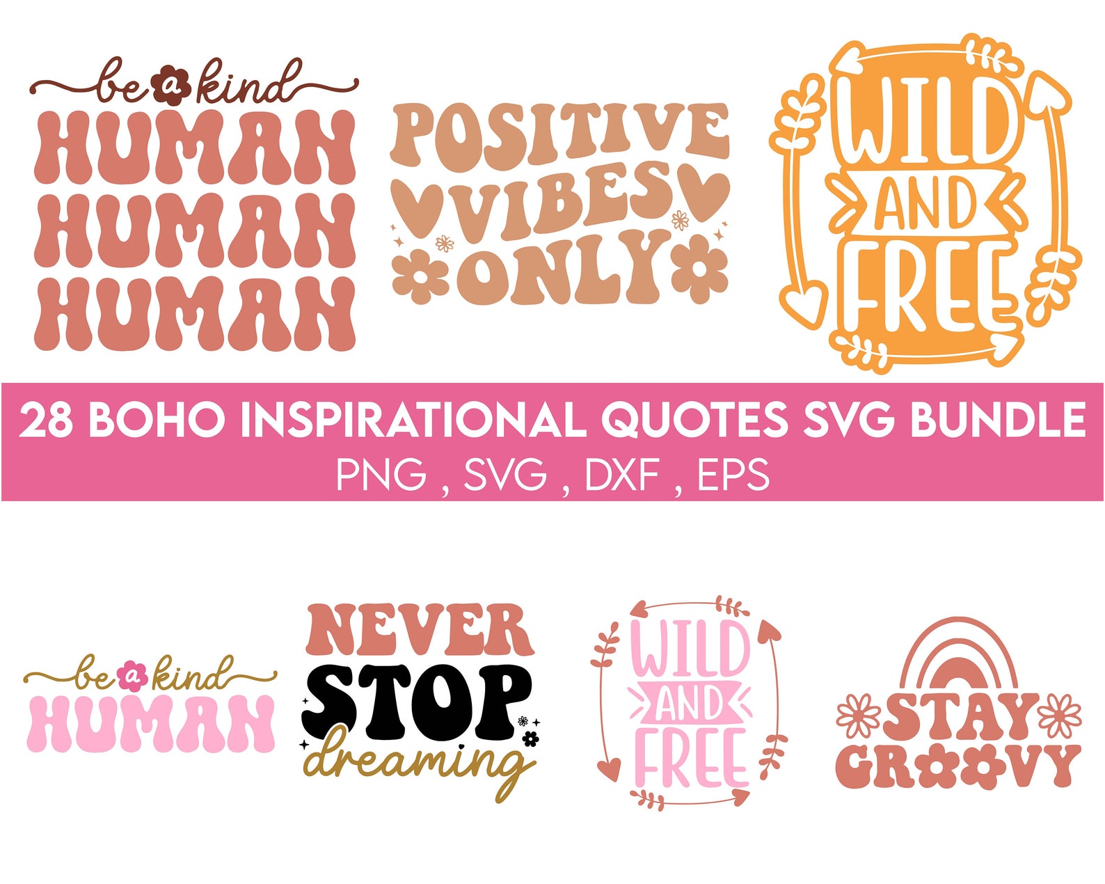 Boho Inspirational Quotes Svg Png Bundle, Boho Stickers Svg, Retro ...