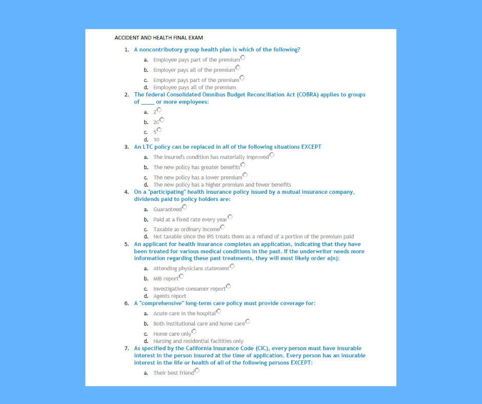 Life and Health Insurance (CA) Practice Exams With Answers| Printable ...