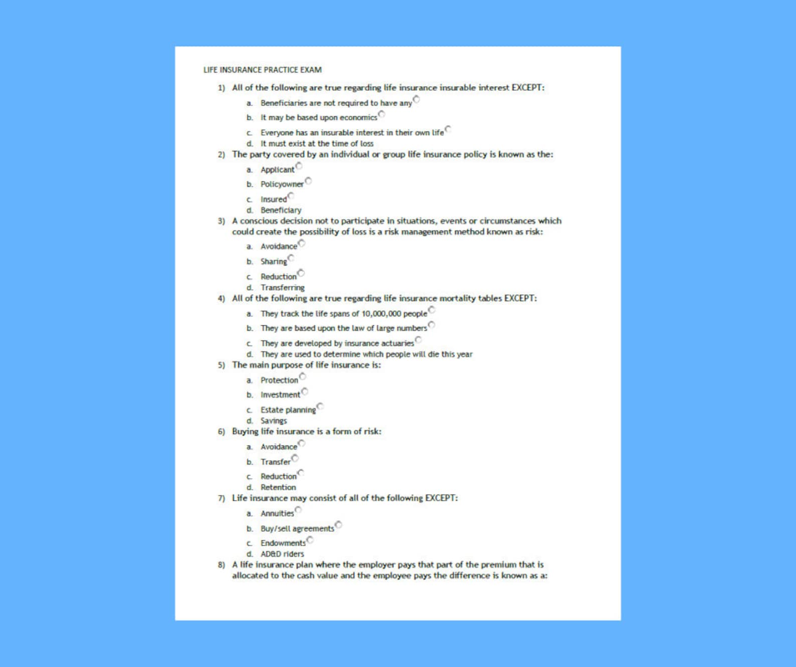 Life and Health Insurance (CA) Practice Exams With Answers| Printable ...