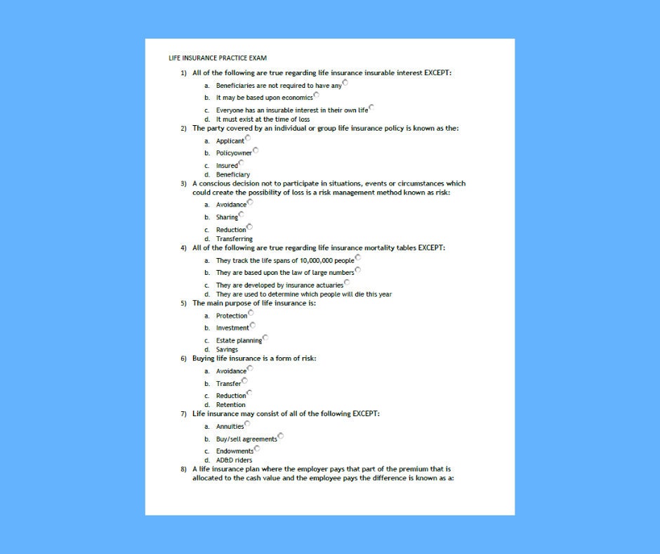 Life and Health Insurance (CA) Practice Exams With Answers| Printable ...