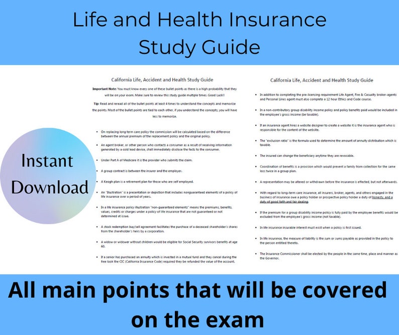 Life and Health Insurance (CA) STUDY GUIDE| Printable| Pass on the ...