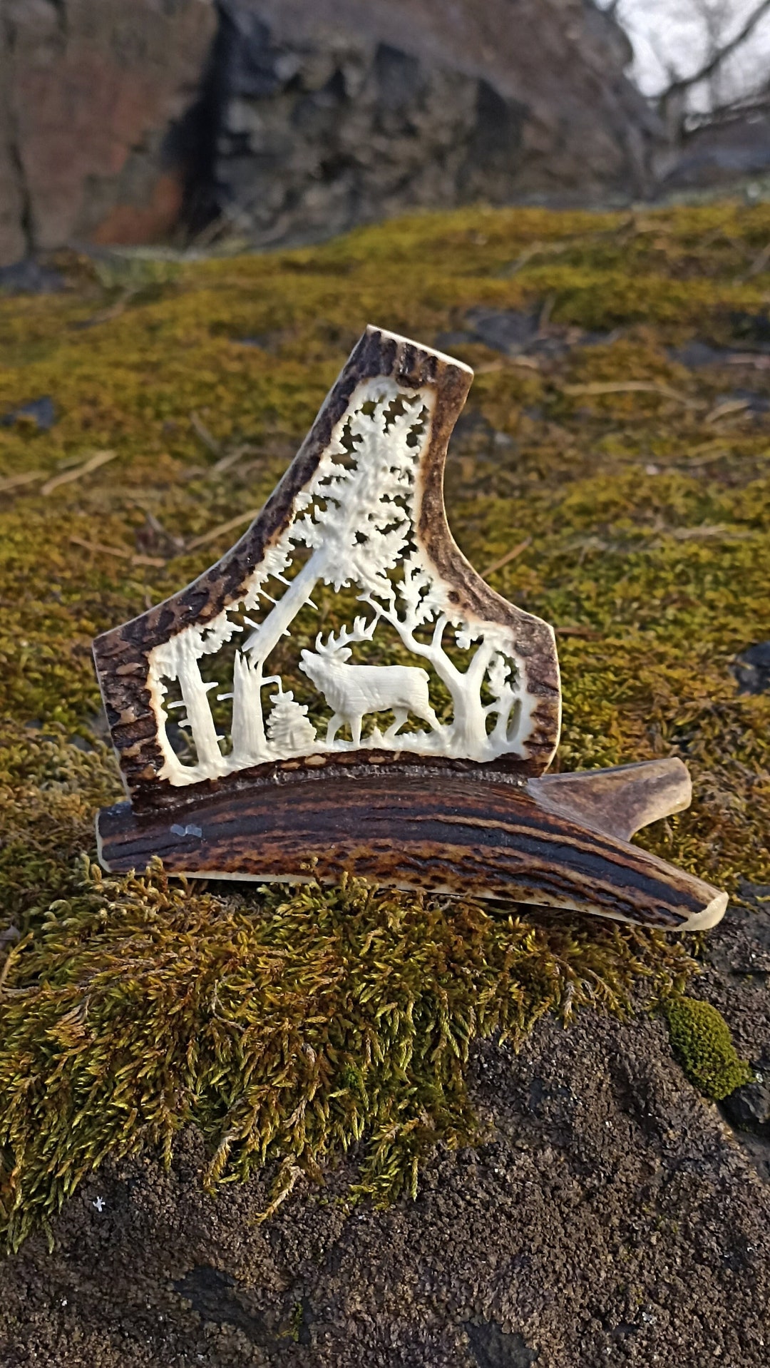 A Hand-carved Antler Statue With a Motif of an Elk in the Woods Antler ...