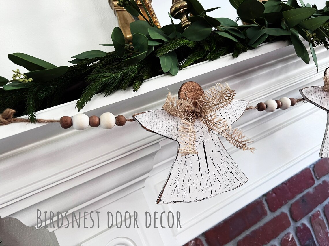 Angel Wooden Garland Buntings With Beads, Farmhouse Christmas Decor ...