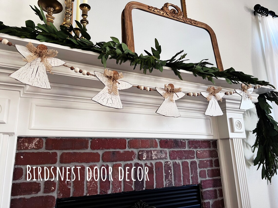 Angel Wooden Garland Buntings With Beads, Farmhouse Christmas Decor ...